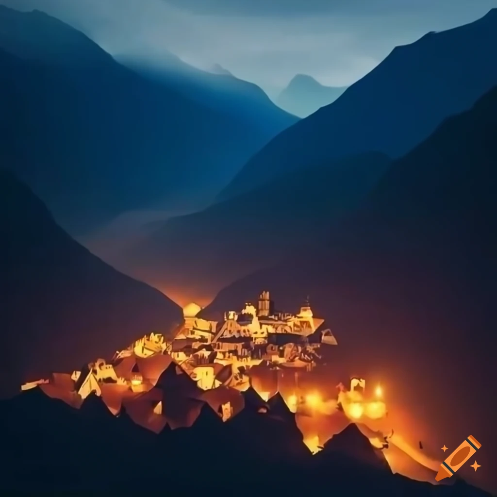 Night view of a beautiful village near the mountains on Craiyon