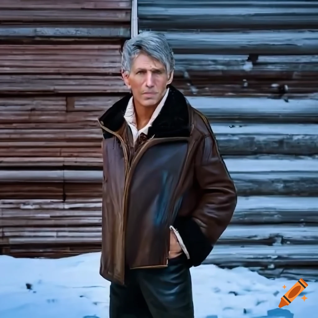 Eric Roberts lookalike in a sheepskin bomber jacket and leather trousers standing in a barn ...