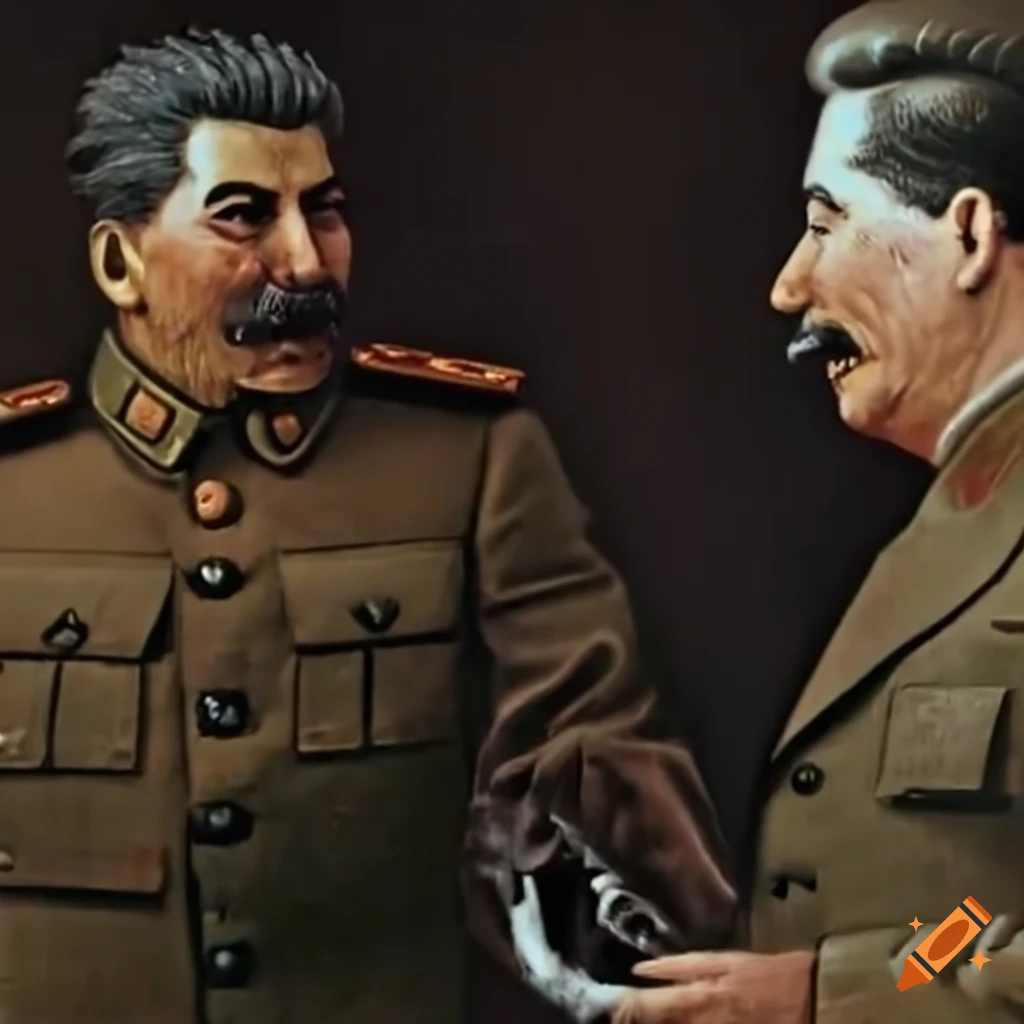 Godzilla battling joseph stalin in a dramatic scene on Craiyon