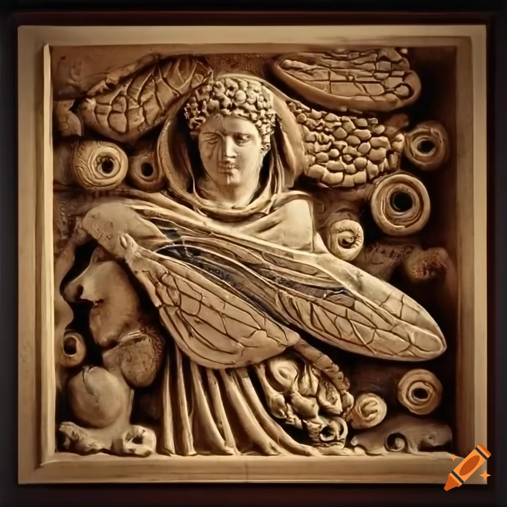 Roman bas relief with giant cicada surrounded by detailed framing on ...