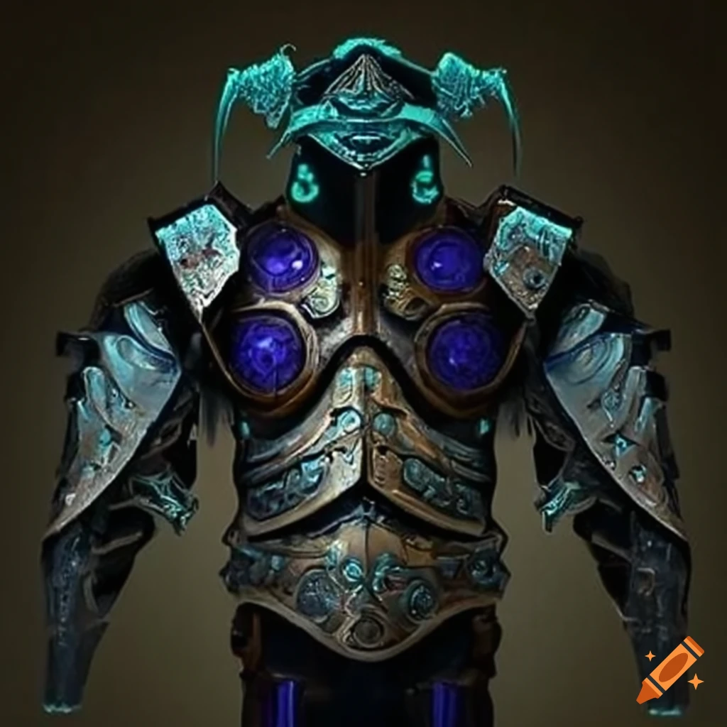 Front view of intricately designed magic body armor on Craiyon