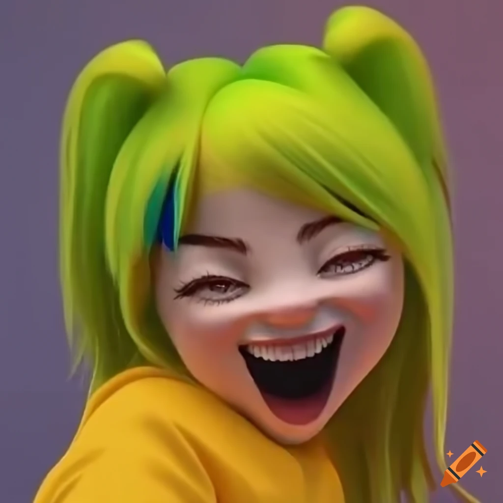 Cartoony depiction of Billie Eilish with bright yellow skin and crying ...