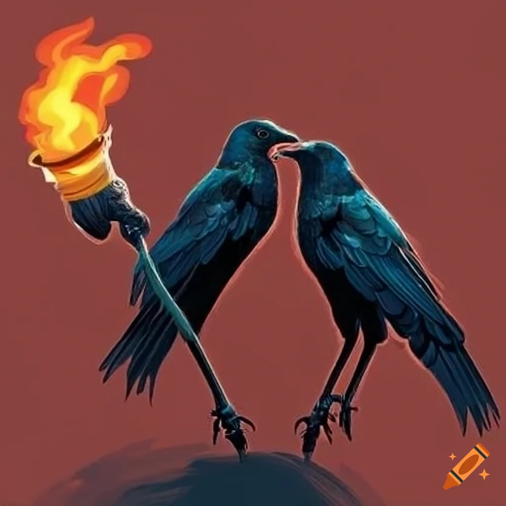 Two crows facing each other, one holding a torch, the other holding a ...