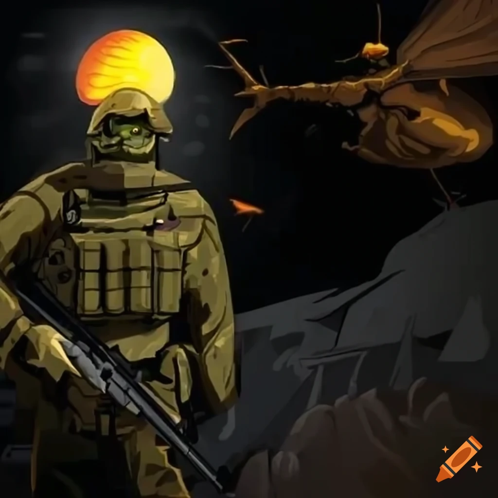 Soldier battling dark monsters in a cartoon battlefield on Craiyon