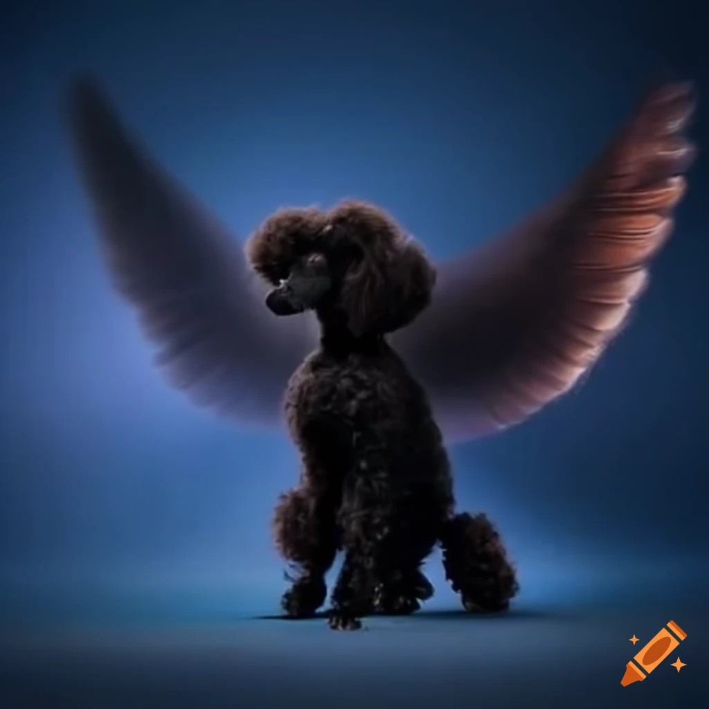 Black poodle with angel wings flying in a heavenly scene on Craiyon