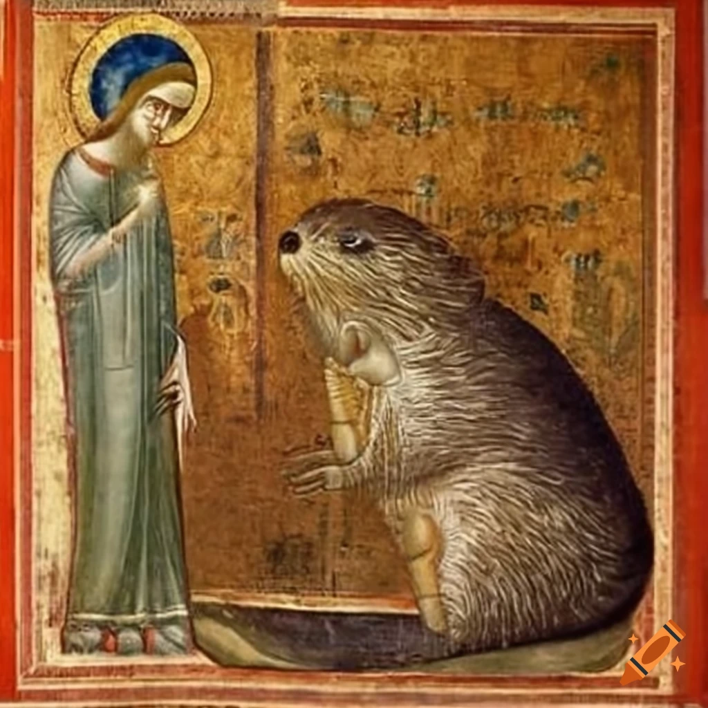 Beaver god with blue eyes in medieval painting style, drinking the ...