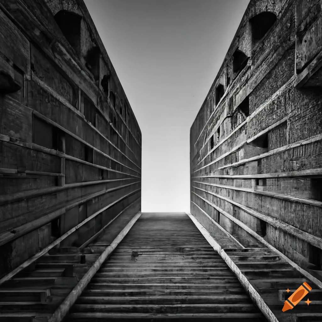 Interior of a modern brutalist stronghold in monochrome on Craiyon