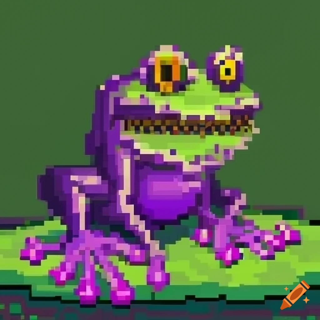 16-bit pixel art of a lurid purple zombie frog on a green lily pad on ...