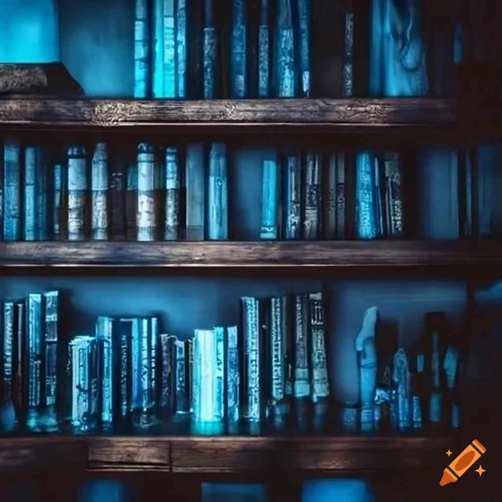 Dark fantasy bookshelves with blue magic on Craiyon
