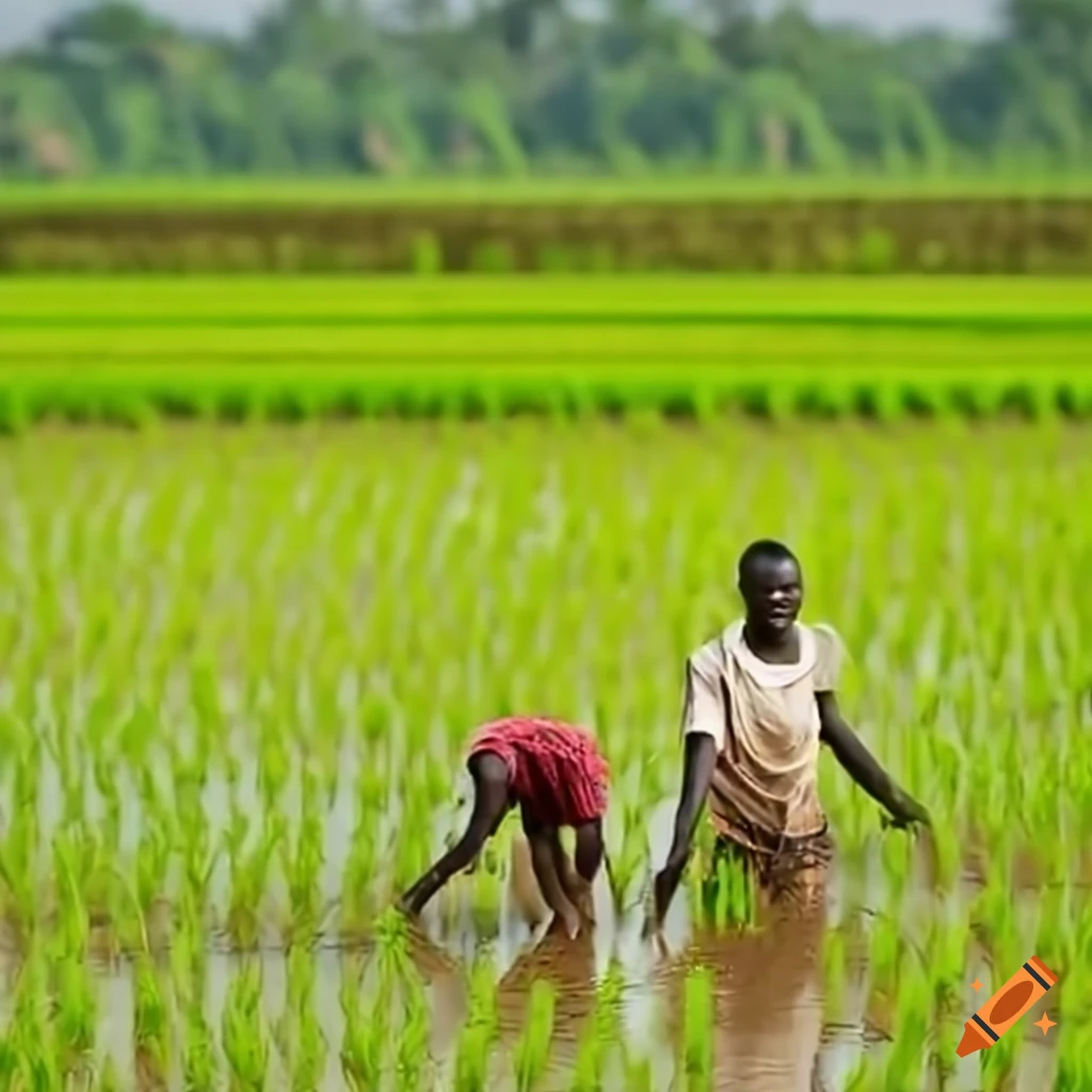 African person planting rice in a field on Craiyon