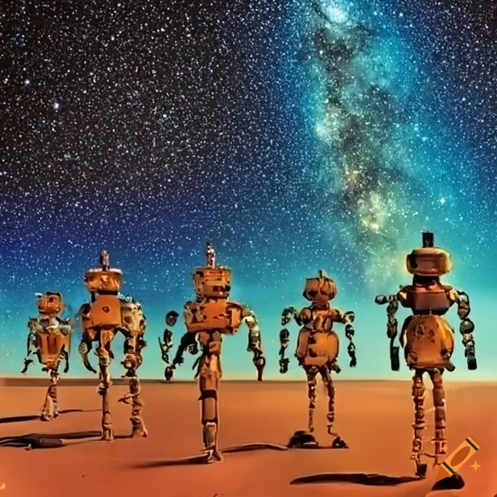 Army of humanoid robots marching on Mars with stars in Salvador Dali ...