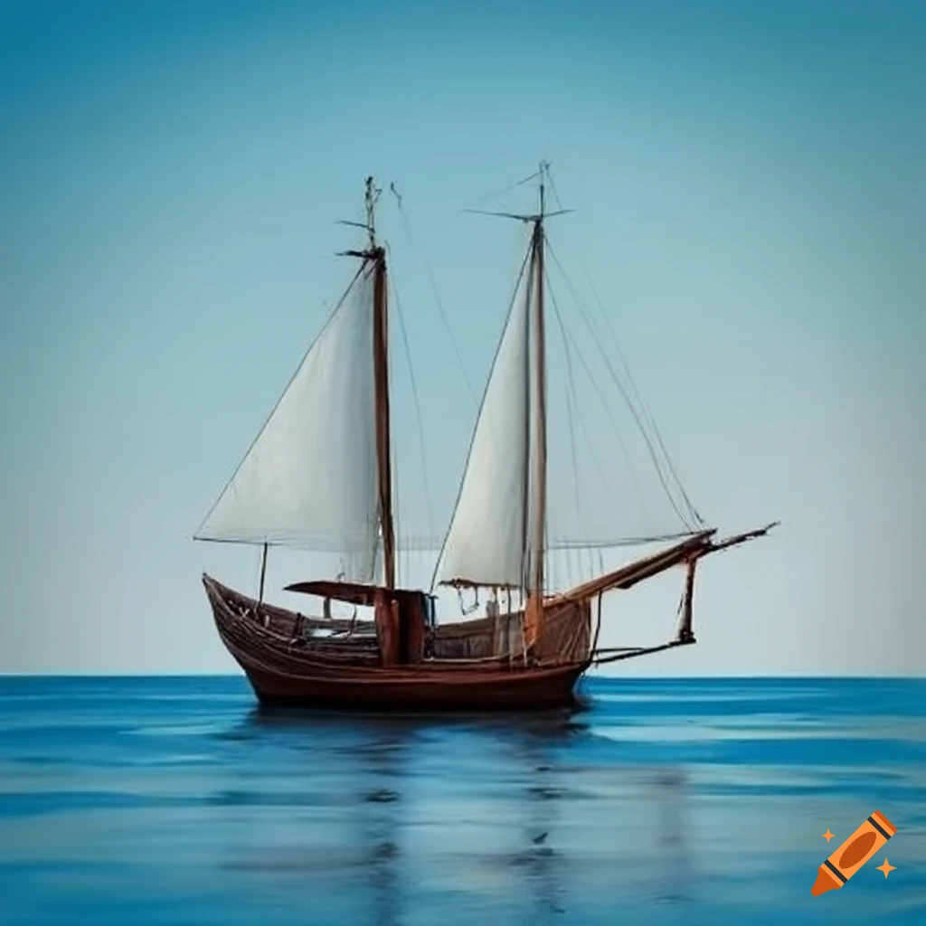 Profile view of a small single-mast pirate boat under clear blue skies ...