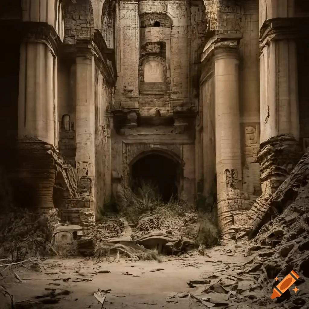 Abandoned ruins of an ancient capital city overtaken by the desert on Craiyon