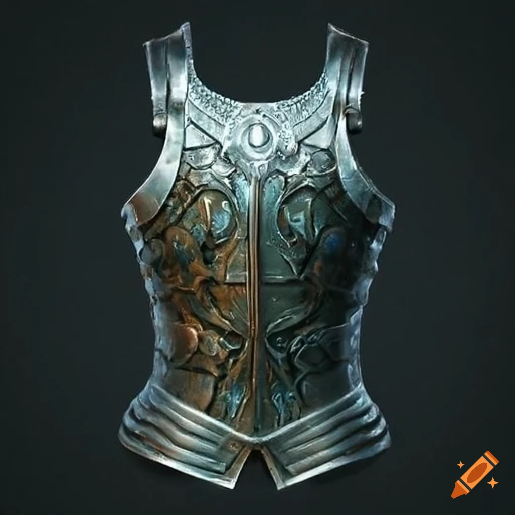 Close view of a person wearing heavily adorned magical body armor on ...