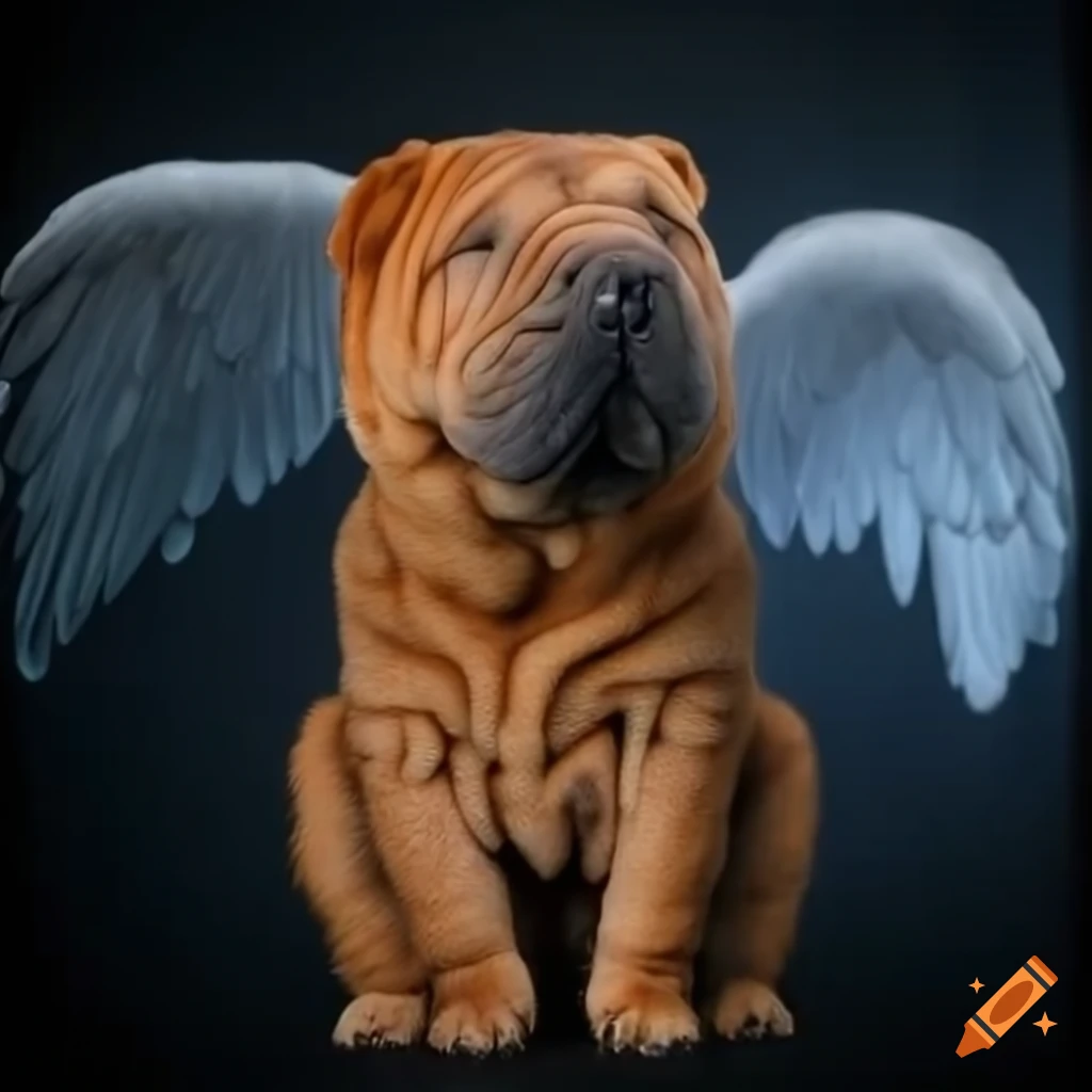 Red shar pei with angel wings in heaven on Craiyon
