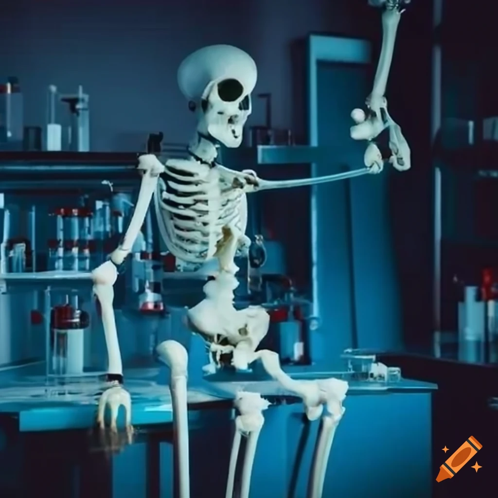 Robots creating a skeleton in a laboratory setting on Craiyon