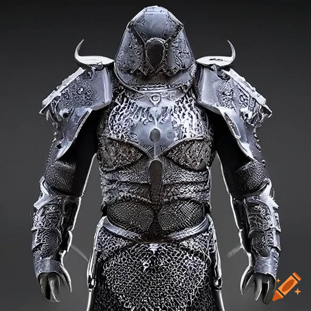Front view of a gothic body armor made of chainmail and paragon ...
