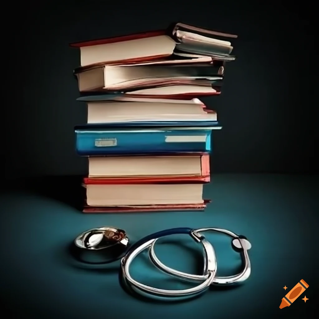 Stacked medical books with stethoscope and quote about saving lives on ...