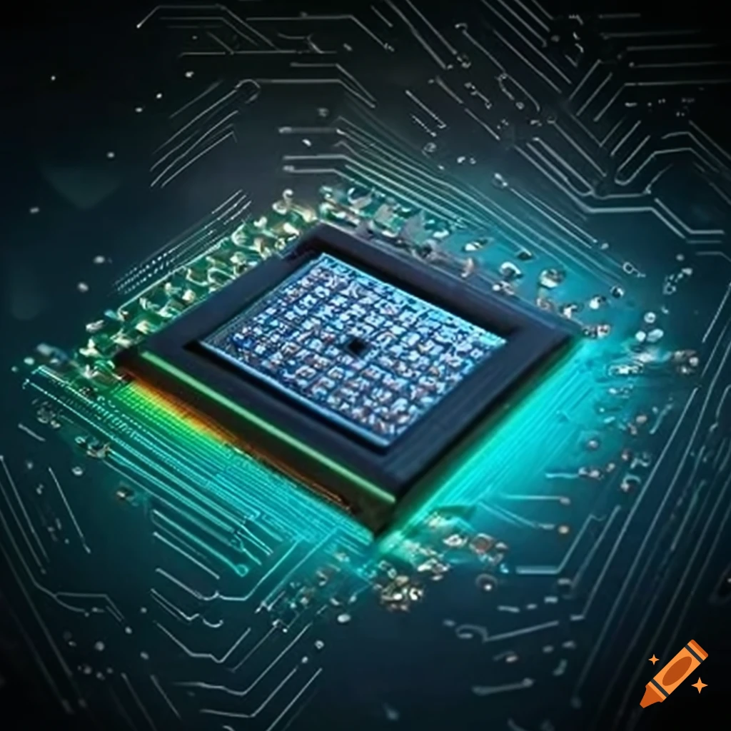 High-performance chip on a printed circuit board surrounded by data ...