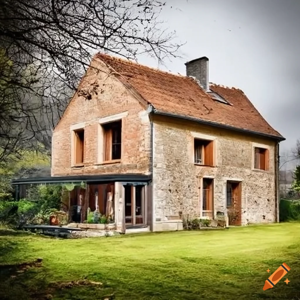 Rustic stone or brick house with a veranda for the kitchen and ...