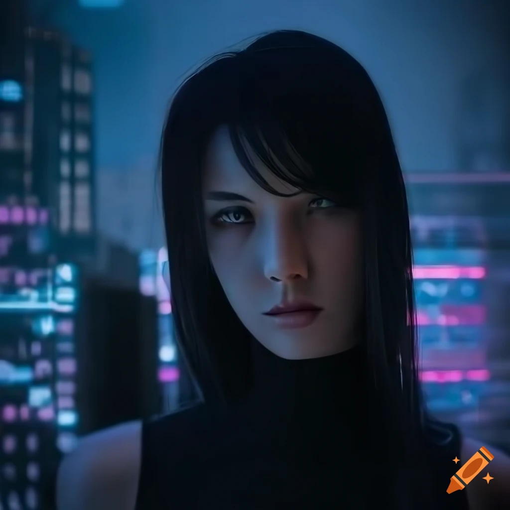 Portrait of a female npc in a cyberpunk dark city setting with hyper ...