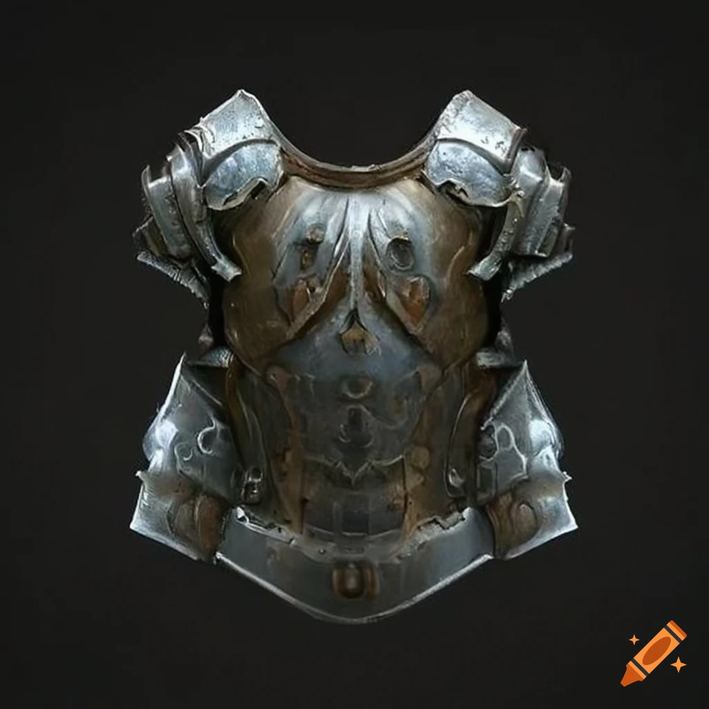 Front view of intricately designed heavy armor in a magical setting on ...