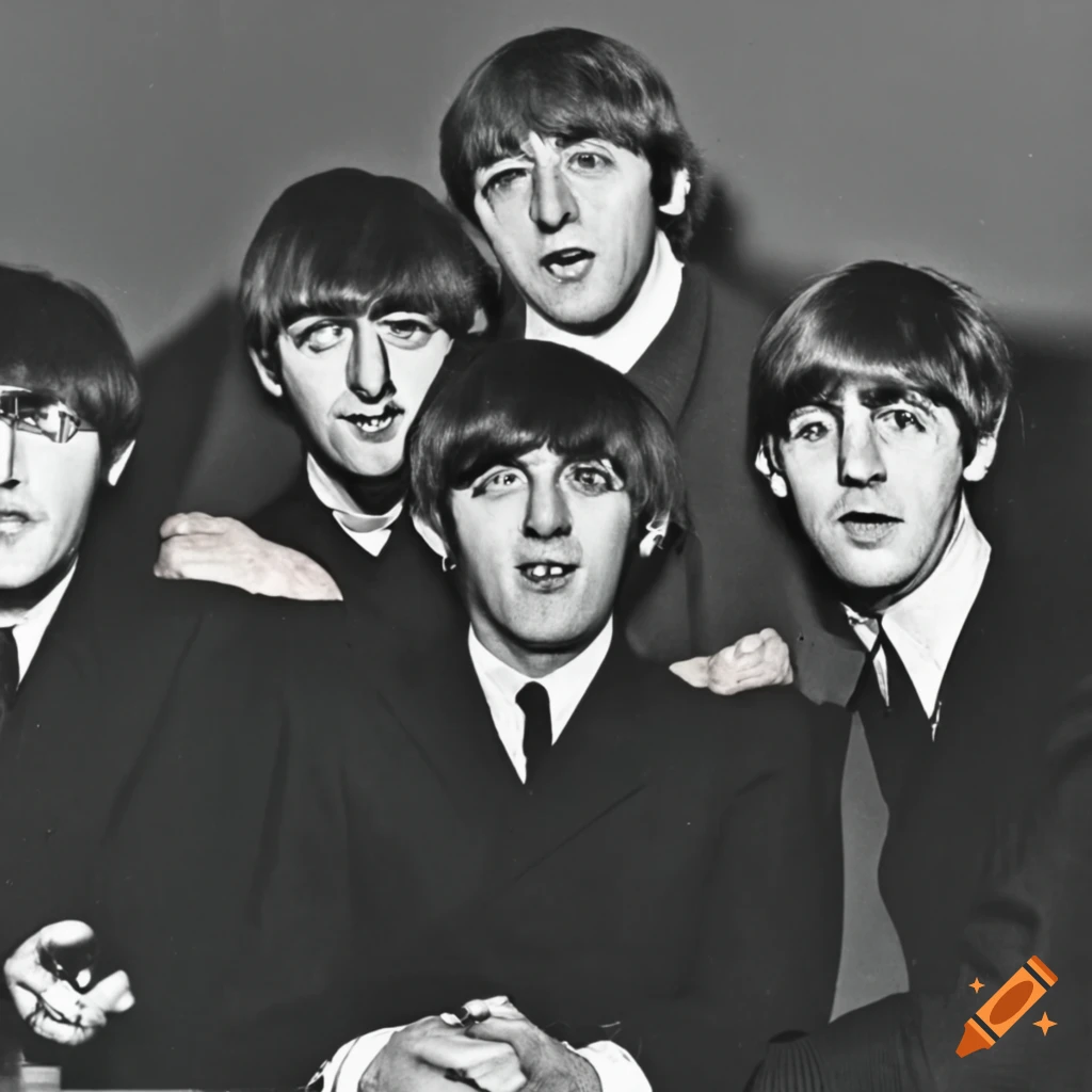 1967 tour photo of John, Paul, Ringo, George, and the Beatles on Craiyon