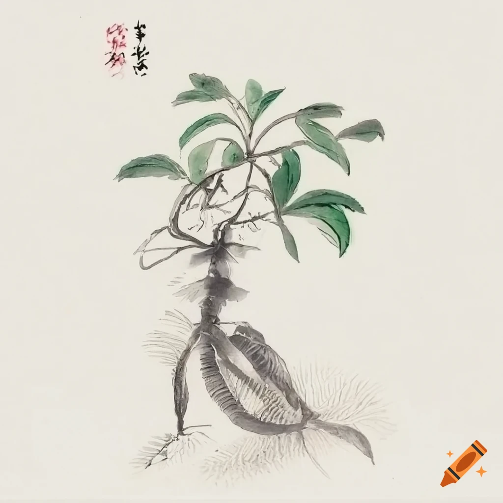 Traditional Japanese ink painting of Korean ginseng plant with leaves ...