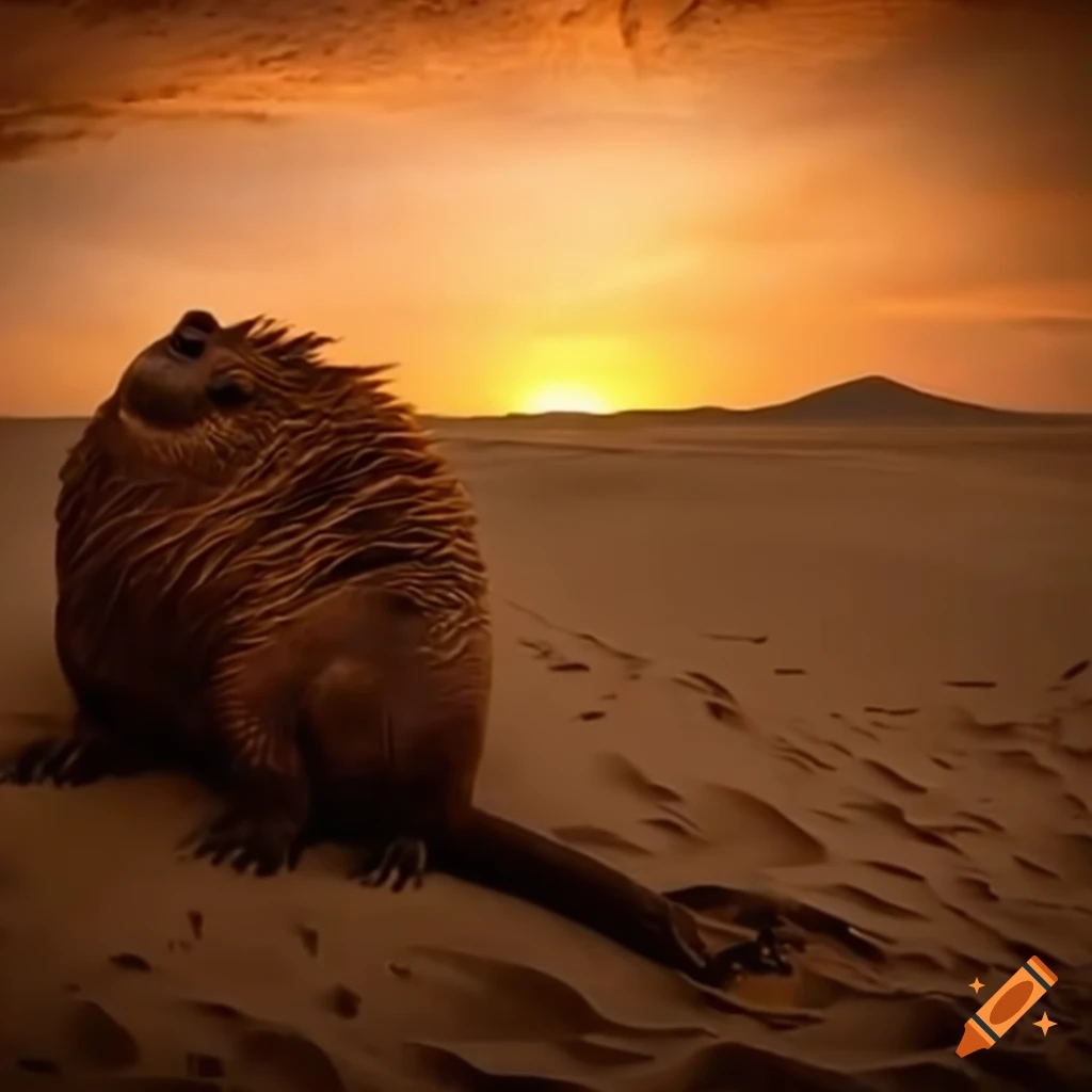 Beaver riding sandworm Shai Hulud in the desert of Arrakis on Craiyon