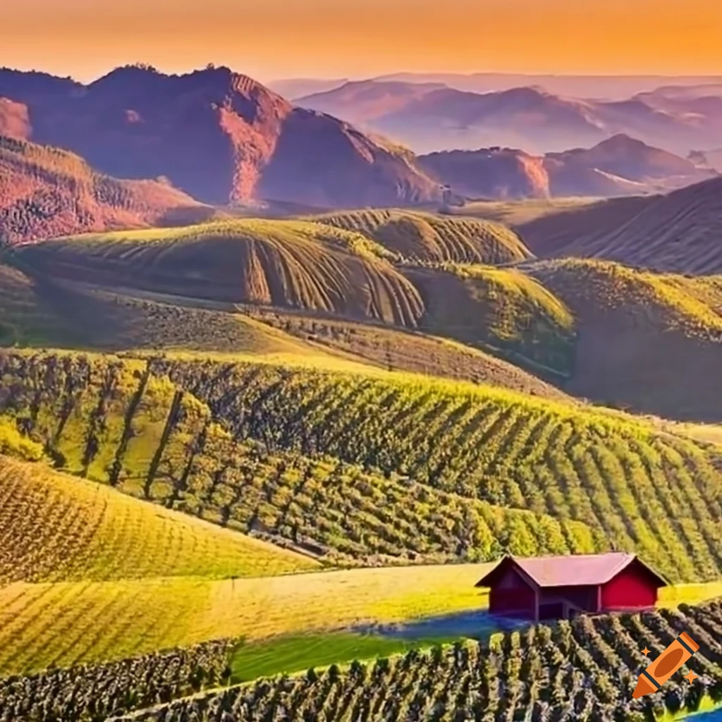 Grape harvest scenic view of rolling hills and california valley with a ...