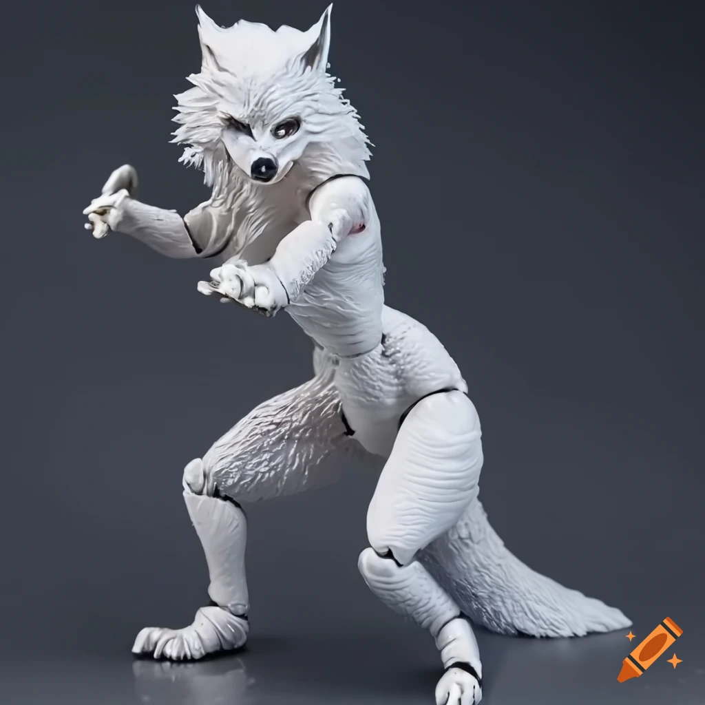 Female white werewolf fox articulated action figure on Craiyon