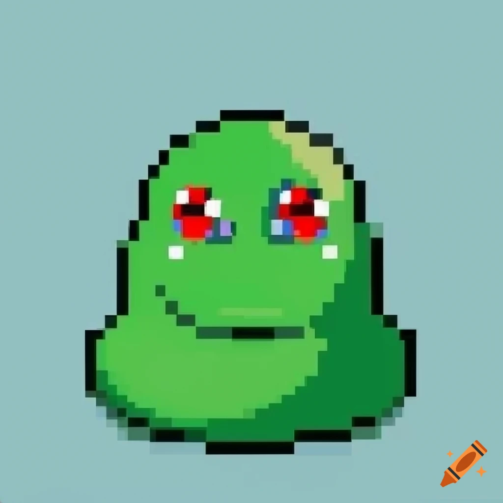 Friendly green blob with a goofy smiley face in pixel art style on Craiyon