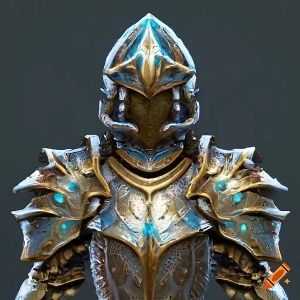 Close-up front view of decorative magical heavy body armor on Craiyon