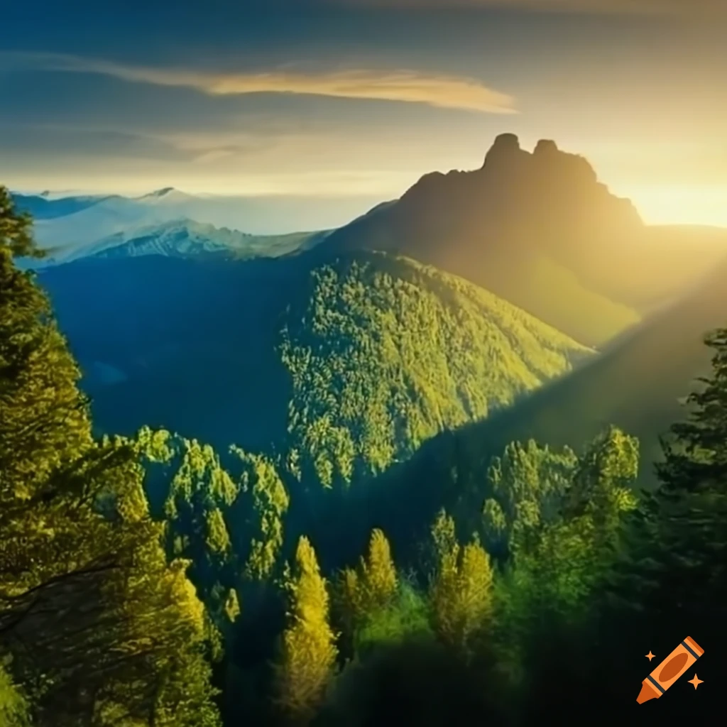 Mountain landscape with green trees under the sun on Craiyon