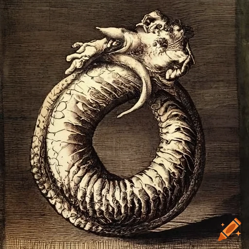 Dürer engraving of ouroboros symbol on Craiyon