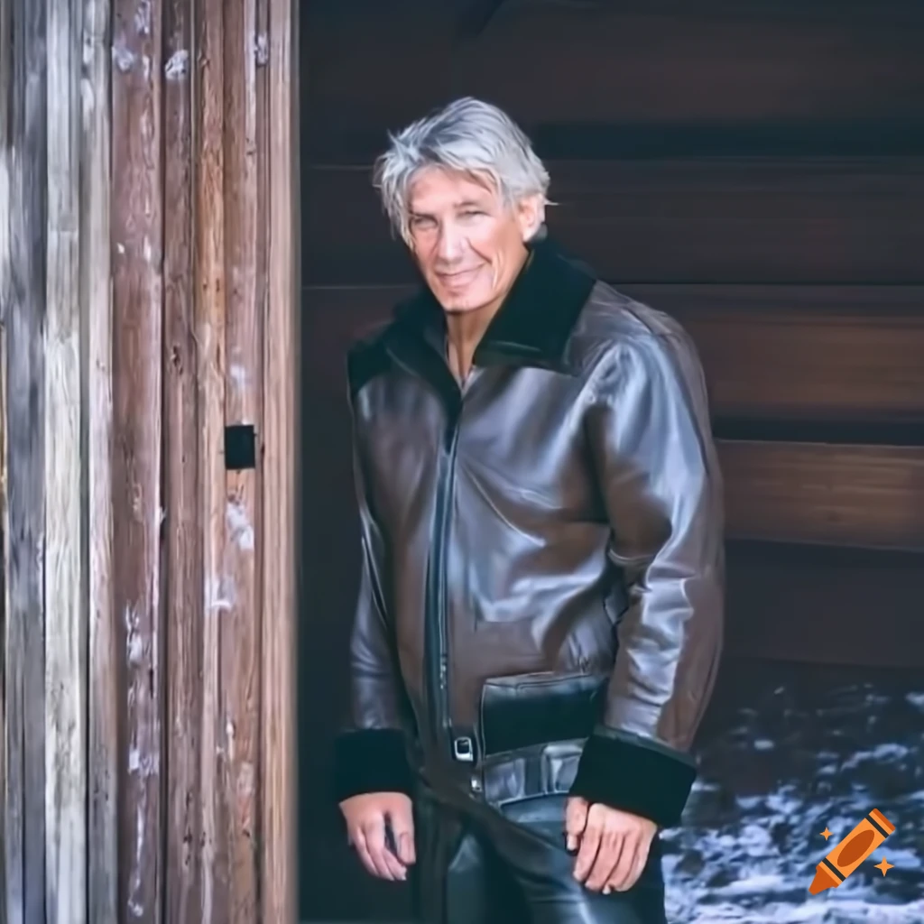 Actor resembling eric roberts at 20 in a sheepskin bomber jacket and black leather trousers ...