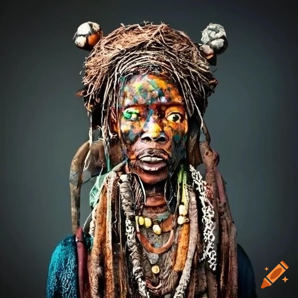 Artwork of an african shaman created from recycled urban elements on ...