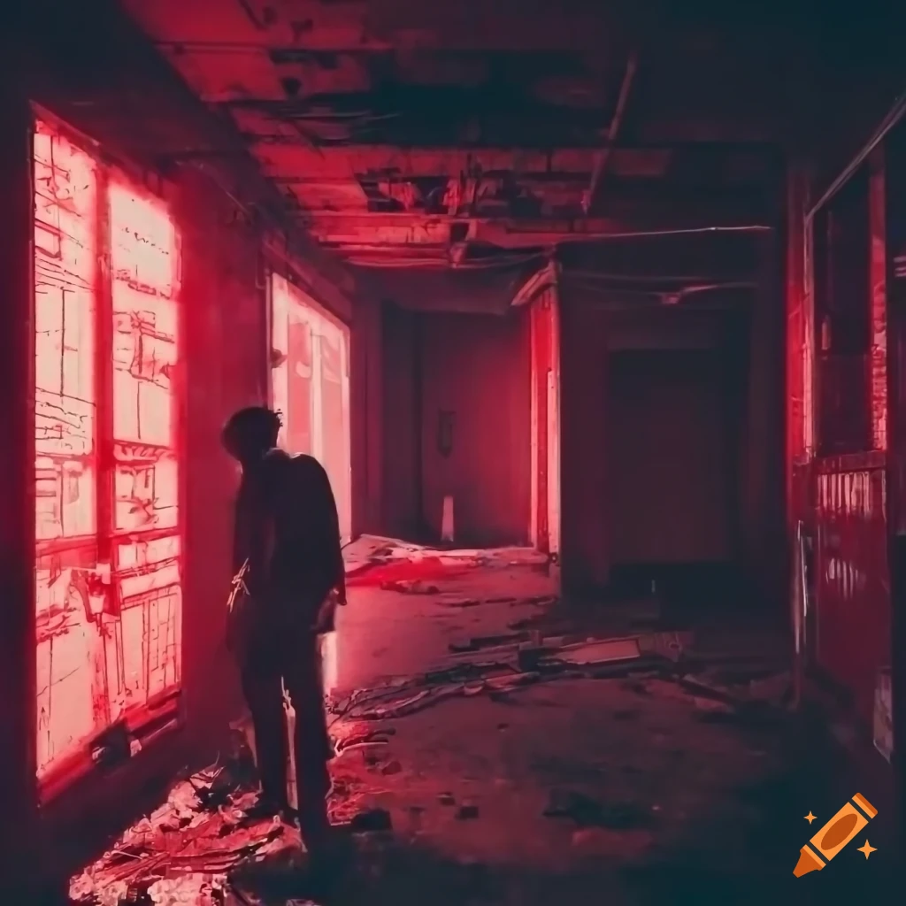 Lonely and derelict red cyberpunk scene on Craiyon