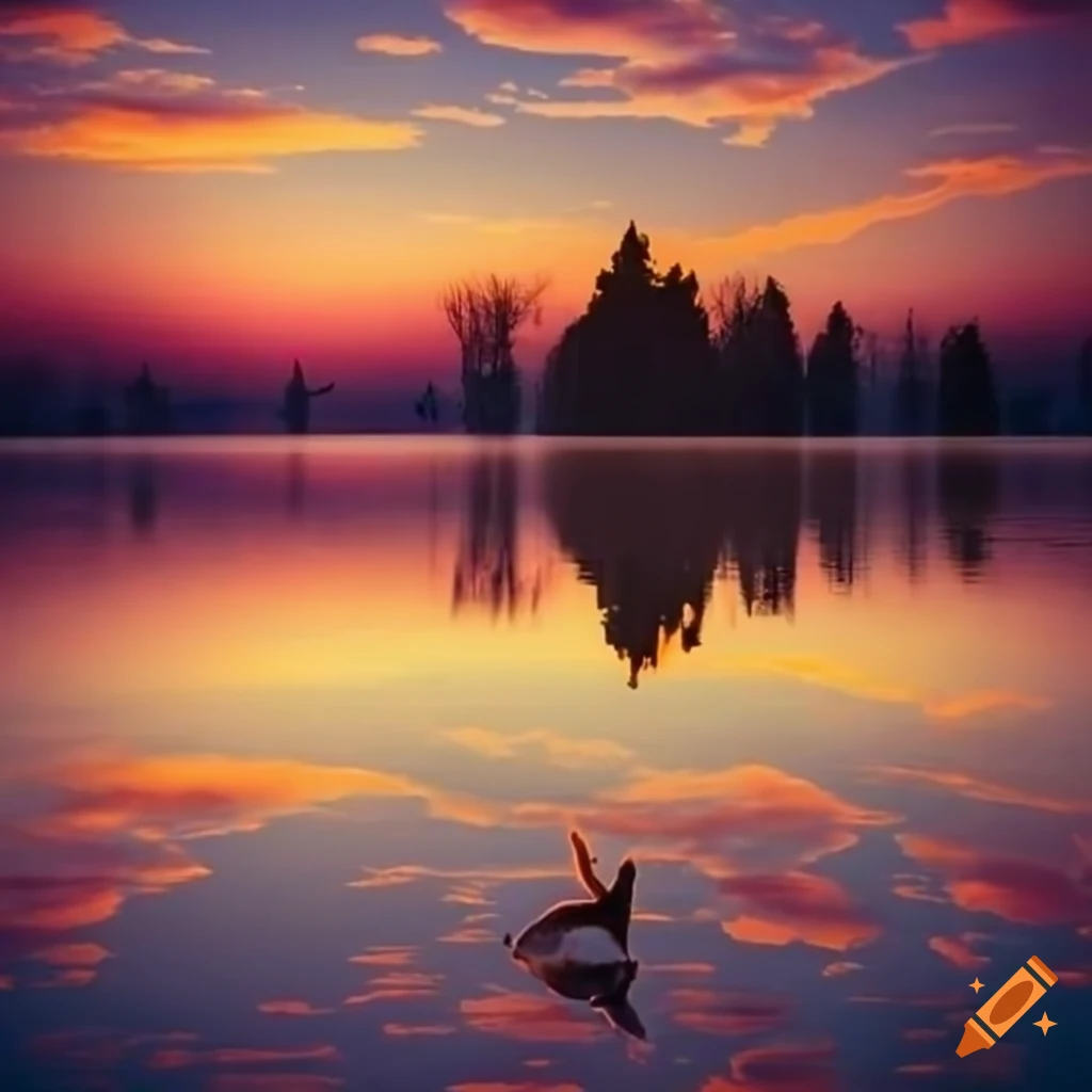 Peaceful sunset reflecting on a calm lake with deer and birds on Craiyon