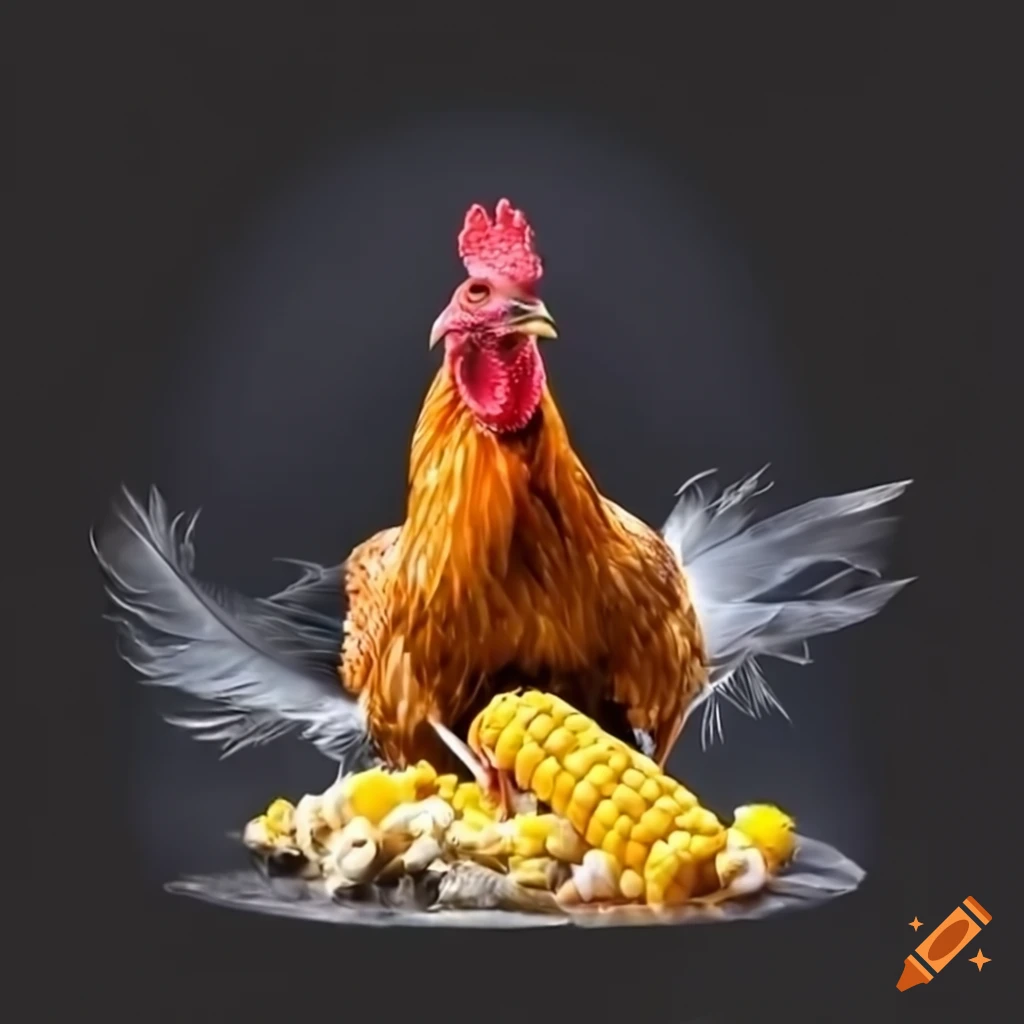 Black feathered chicken eating corn on Craiyon