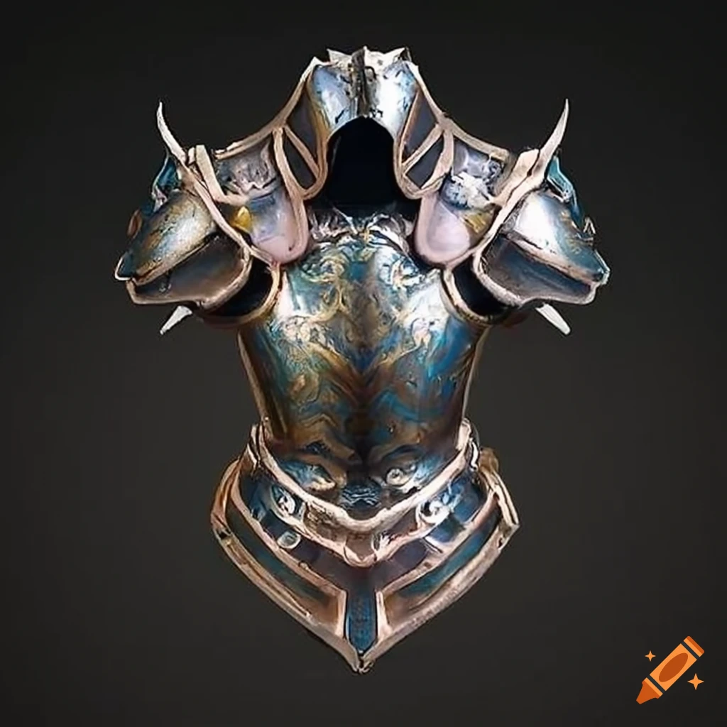 Close view of a person in heavy magic body armor facing front on Craiyon