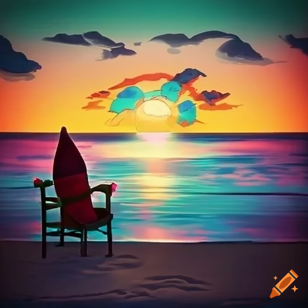 Gnome enjoying sunset on a beach with a drink in hand on Craiyon