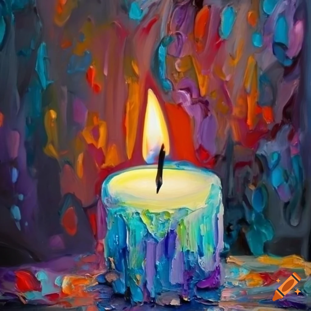 Palette knife painting of flickering candle with abstract patterns on ...