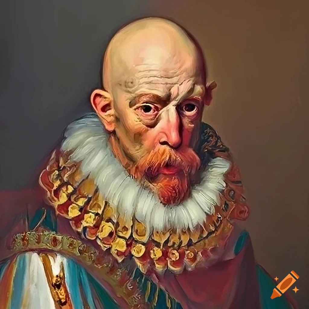 Portrait of an old king with a glum look, ginger, and bald on top of ...