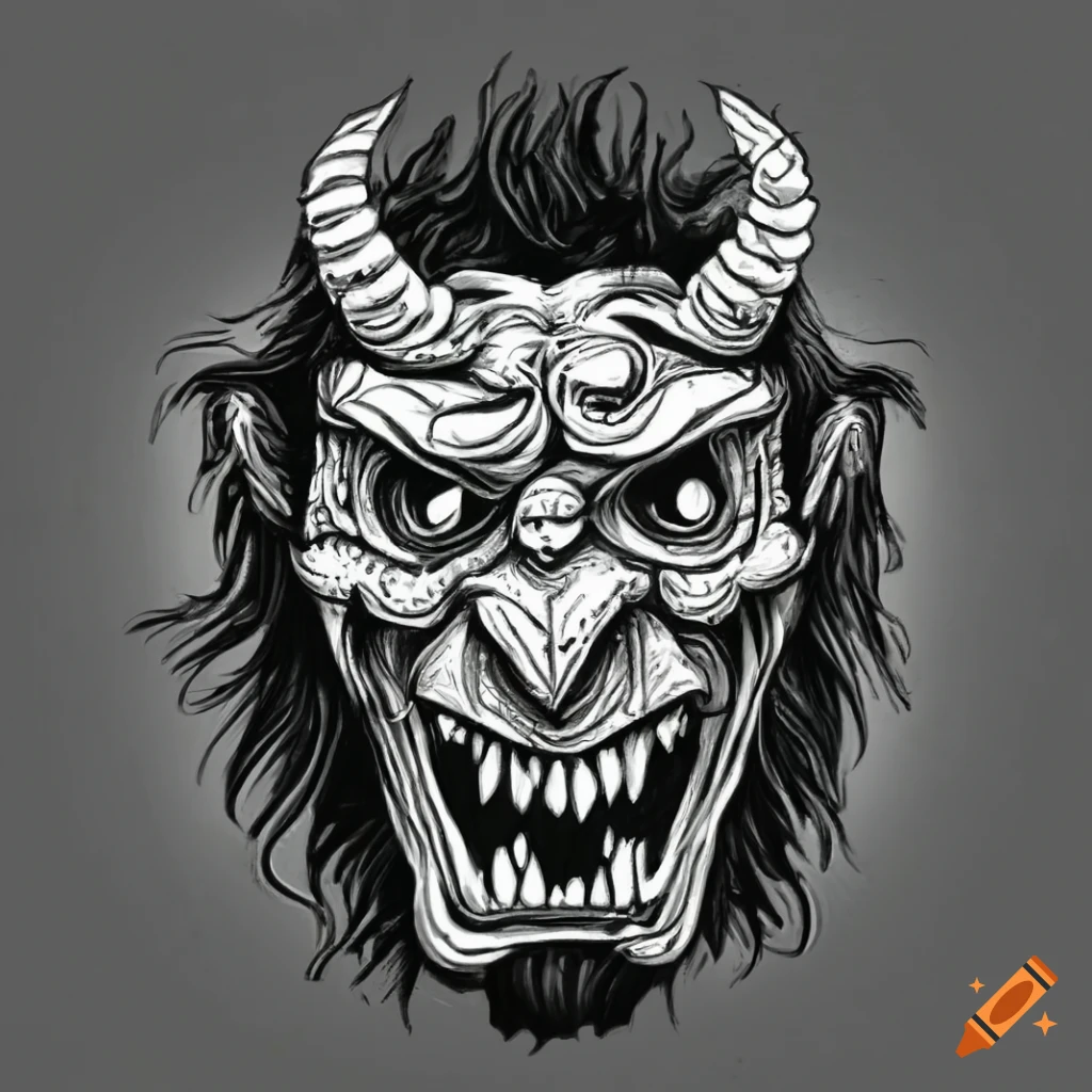Hand-drawn comic of intricately carved wooden krampus mask on Craiyon
