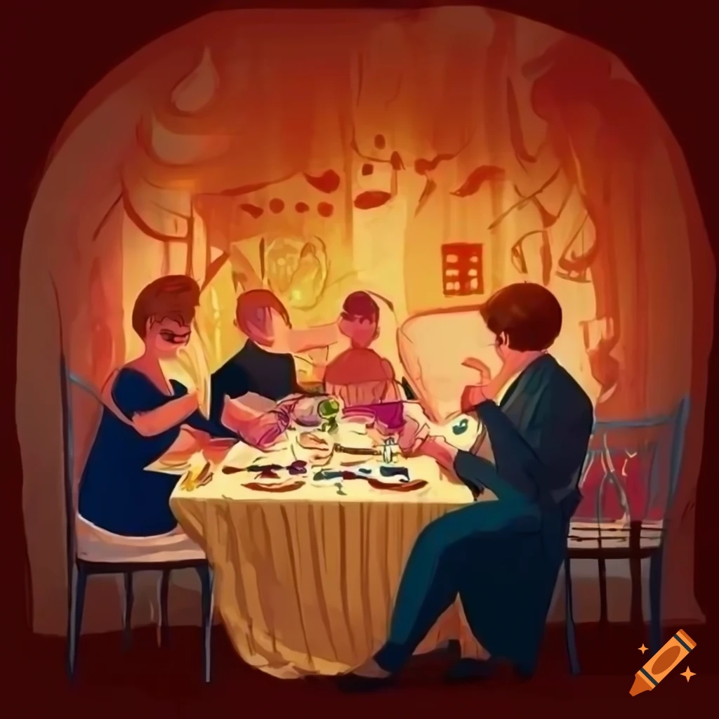 Characters gathered around a dinner table with warmth of companionship ...