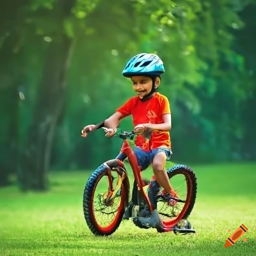 Indian child learning to ride a bike in a scenic park on Craiyon