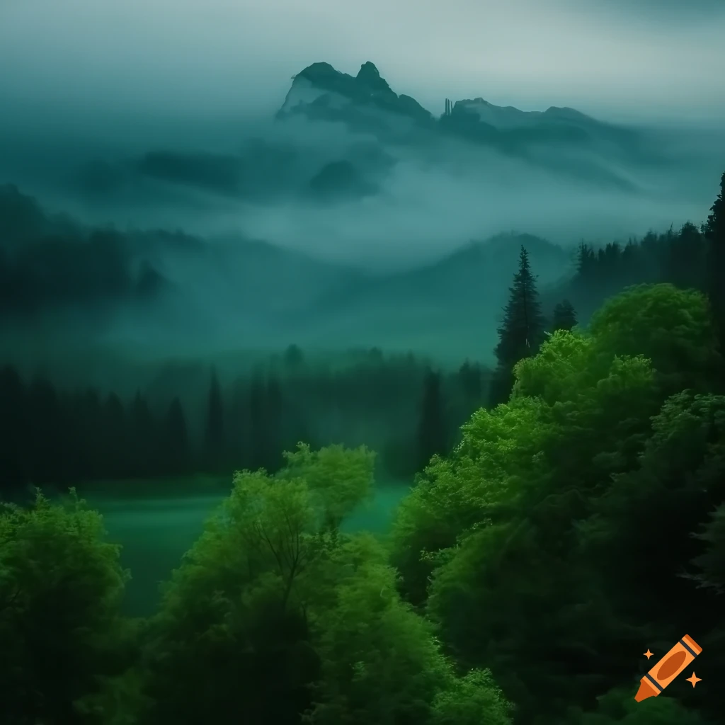 Misty landscape in the south of France with green bushes and mountains ...