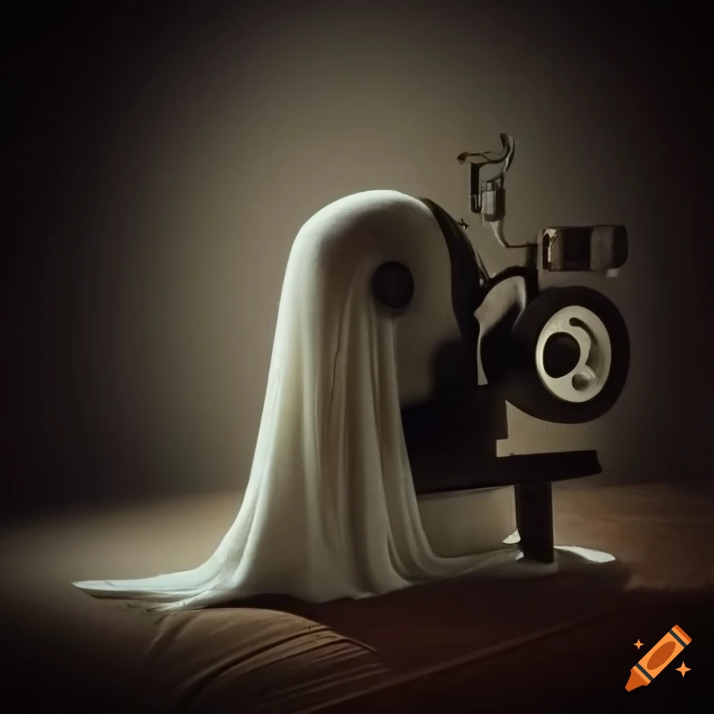 Spooky ghost turning on a movie projector in a vintage room on Craiyon