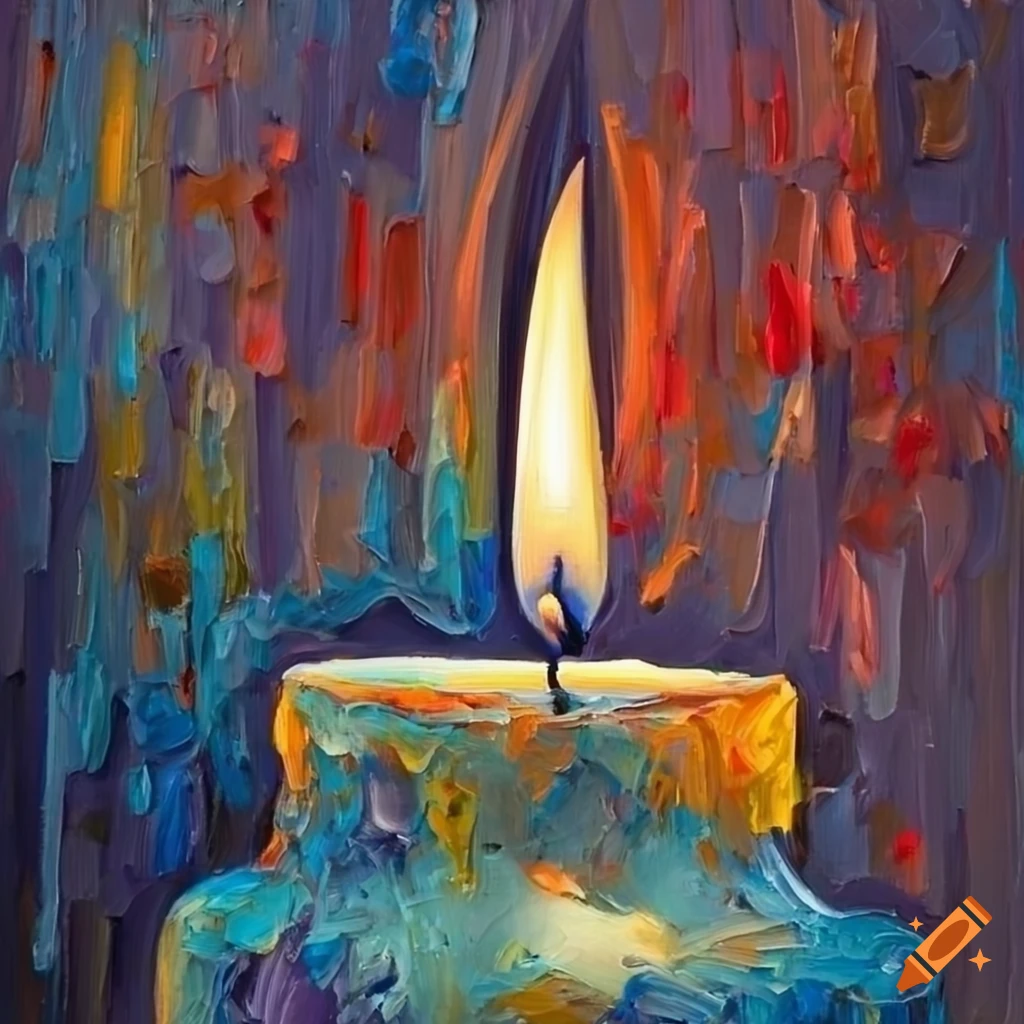 Palette knife painting of flickering candle with abstract patterns on ...